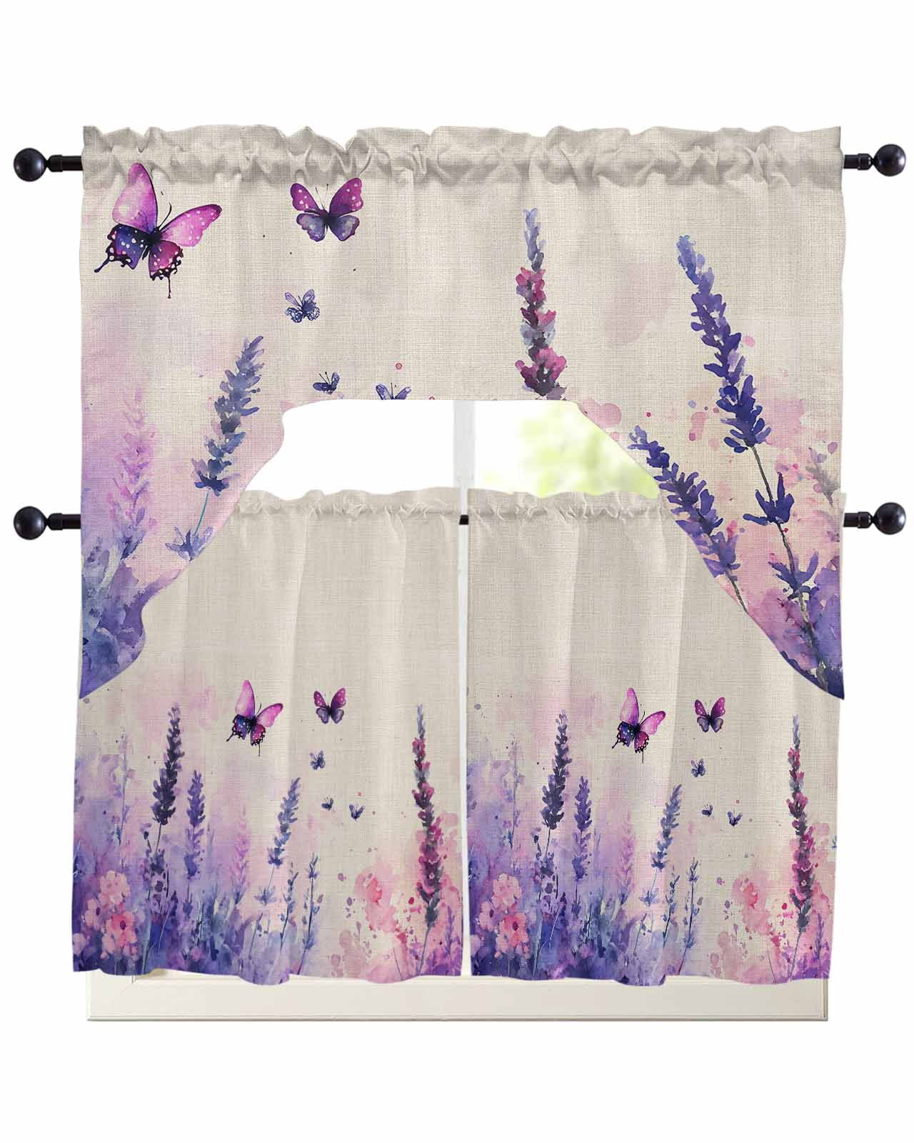 Spring Lavender Kitchen Curtains Sets 24 Inch Length with Valance ...