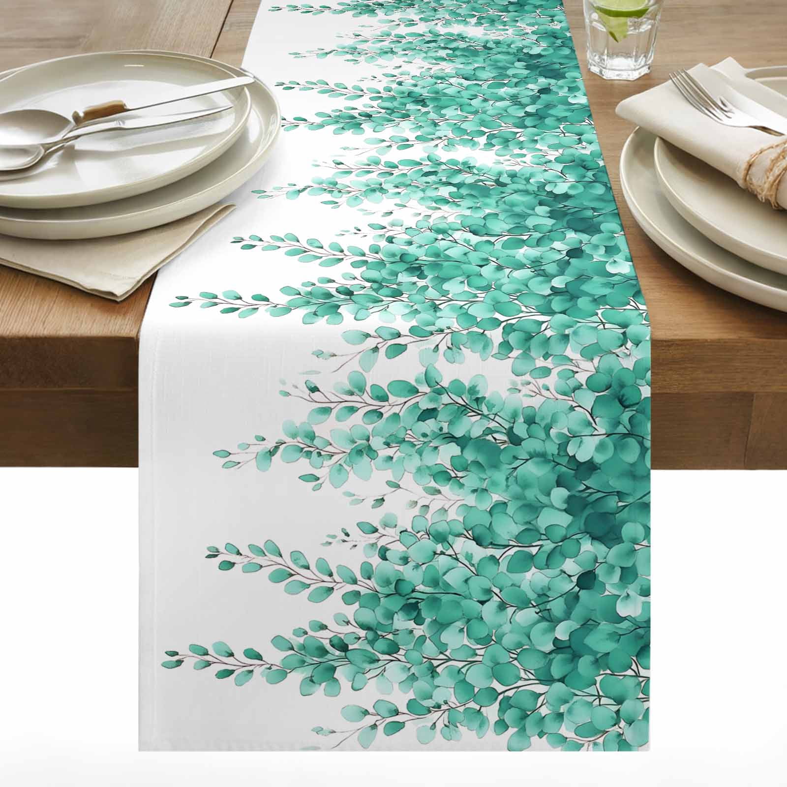 Spring Leaf Cotton Linen Table Runner Retro Watercolor Sage Green ...