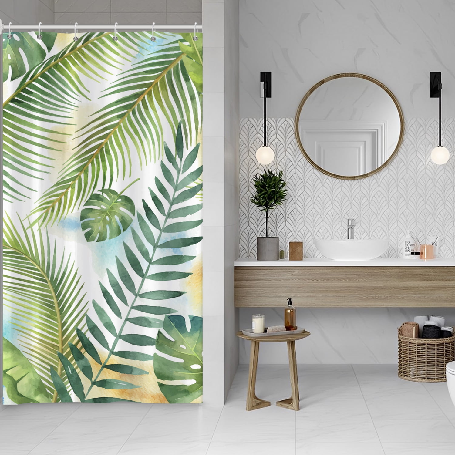 Spring Leaf Vine Tropical Palm Leaf Shower Curtain White Green Bathroom ...