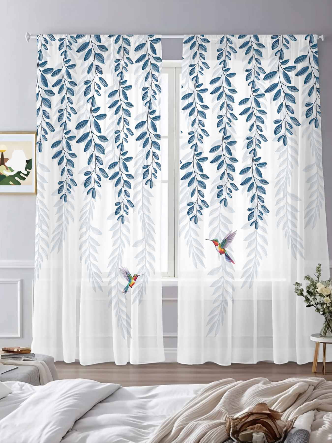 Spring Leaves Birds Sheer Curtains 108 inches Long 2 Panels Set ...