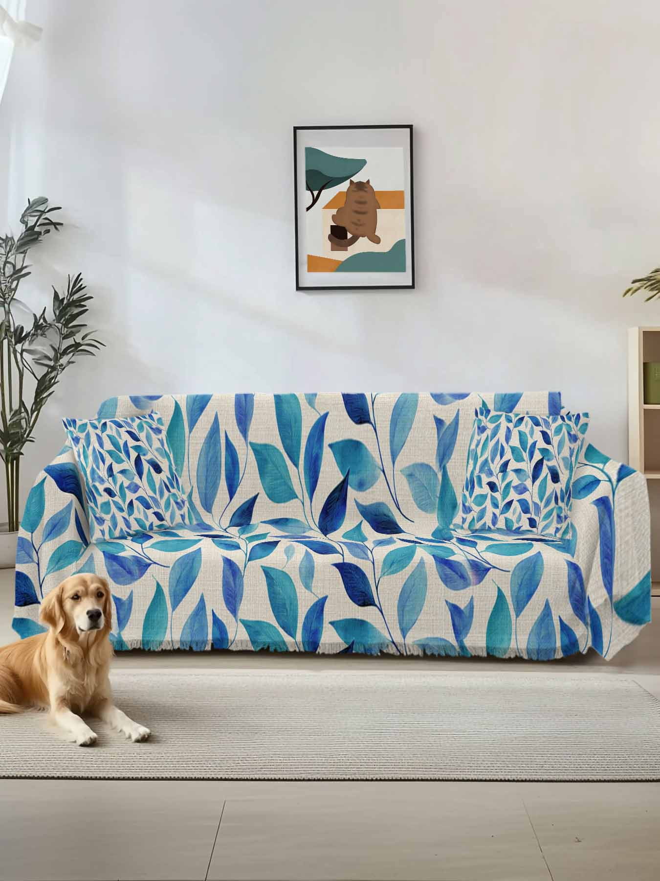 Spring Leaves Couch Cover for 2 Cushion Sofa, Blue Plants Country ...