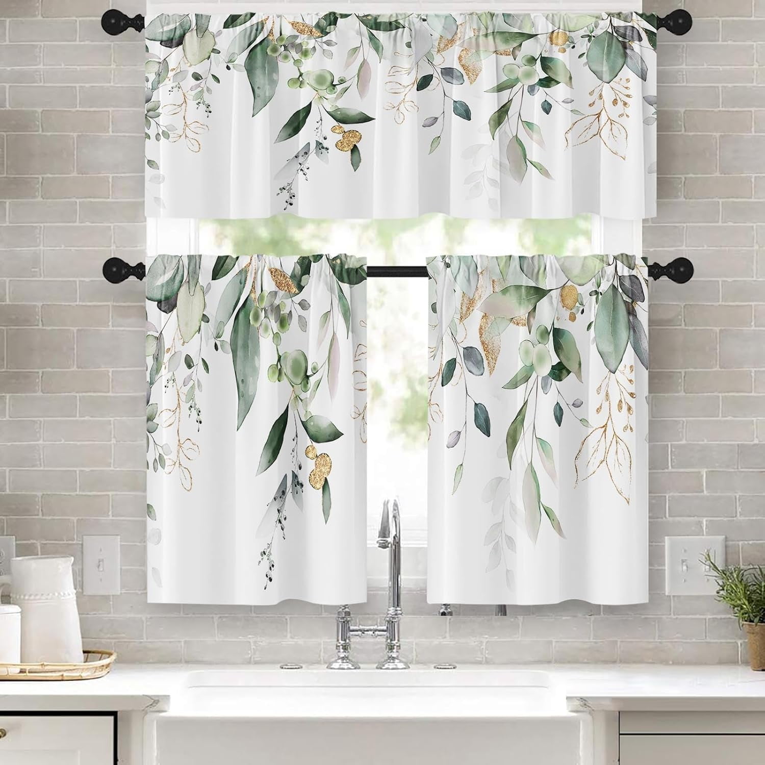 Spring Leaves Kitchen Window Curtains Valance and Tier Set 36 Inch ...