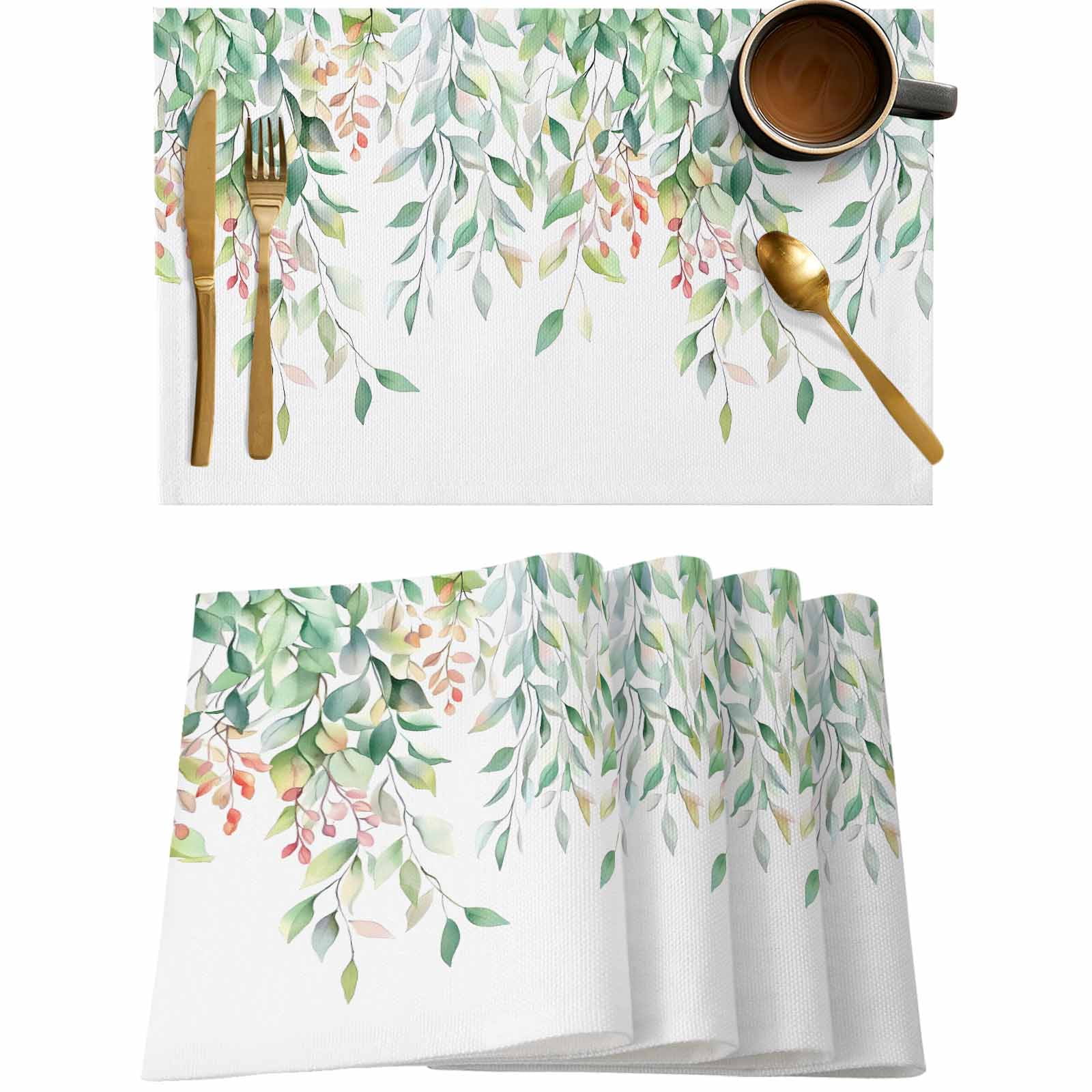 Spring Leaves Sage Green Watercolor Placemats Set of 4,Wipeable Washable Table Mats for Dining ...
