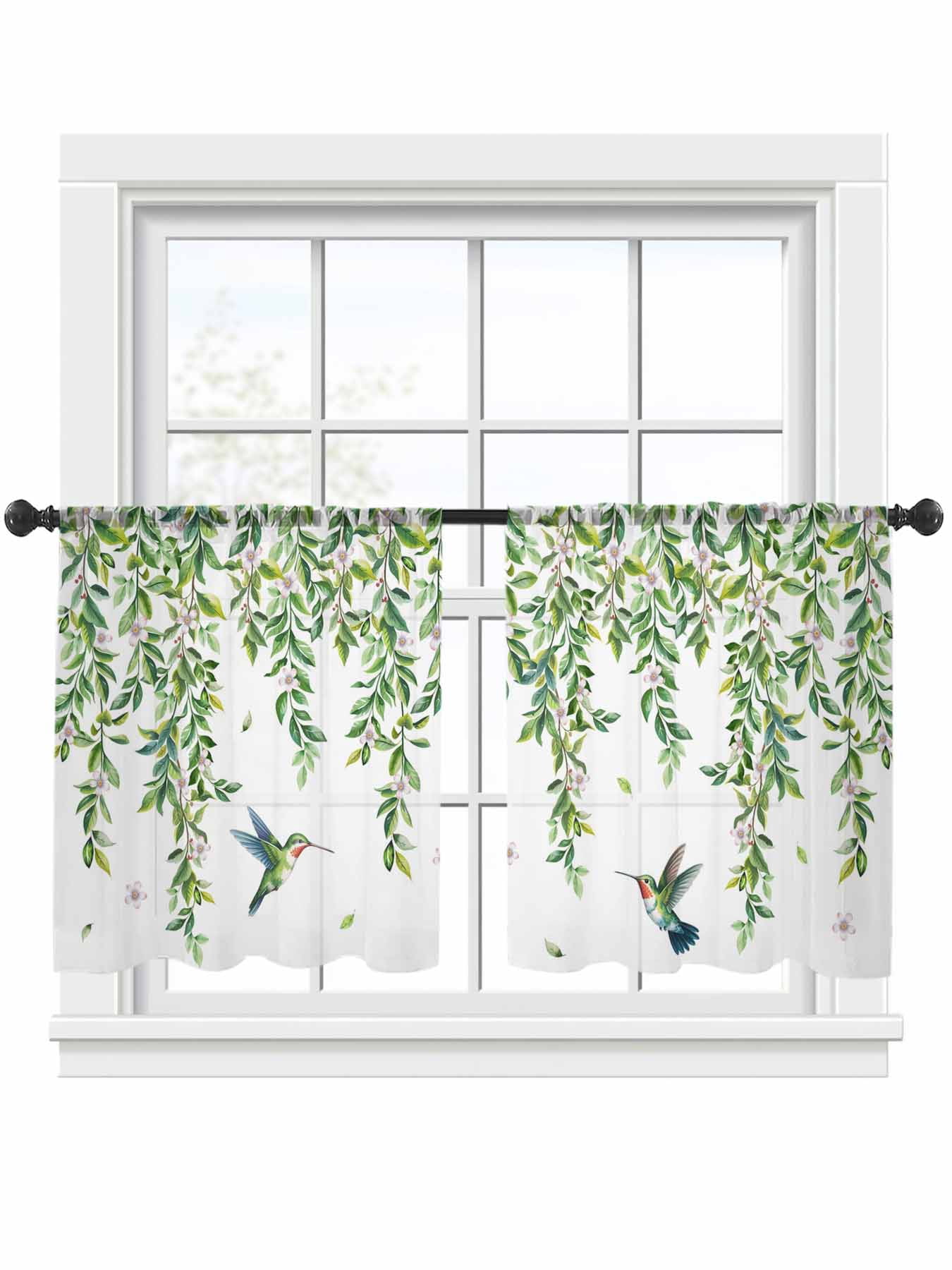 Spring Leaves Sheer Curtains 2 Panels Set Watercolor Falling Green Leaf ...