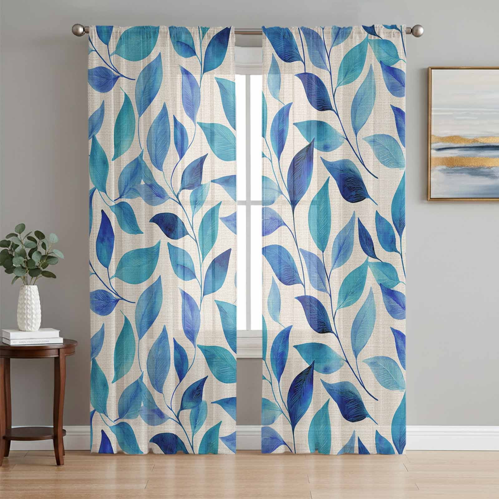 Spring Leaves Sheer Curtains 63 Inch Length 2 Panels Set, Blue Plants ...