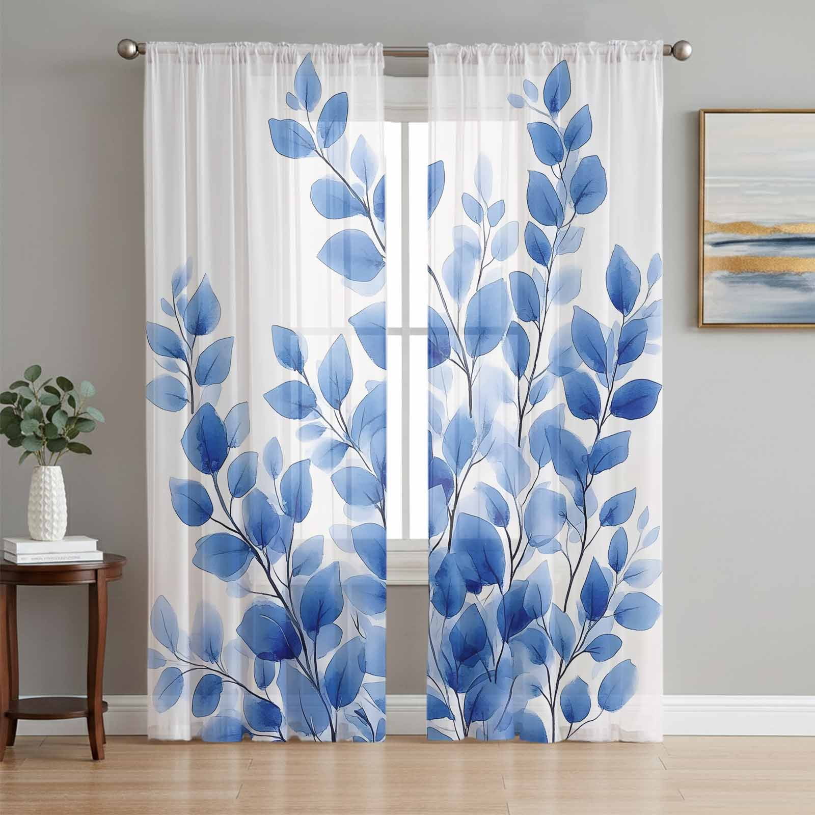 Spring Leaves Sheer Curtains 72 Inch Length 2 Panels Set, Blue Leaf ...