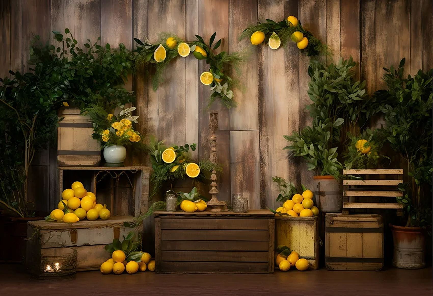 Spring Lemon Green Leafs Wooden Wall Child Birthday Party Portrait r ...