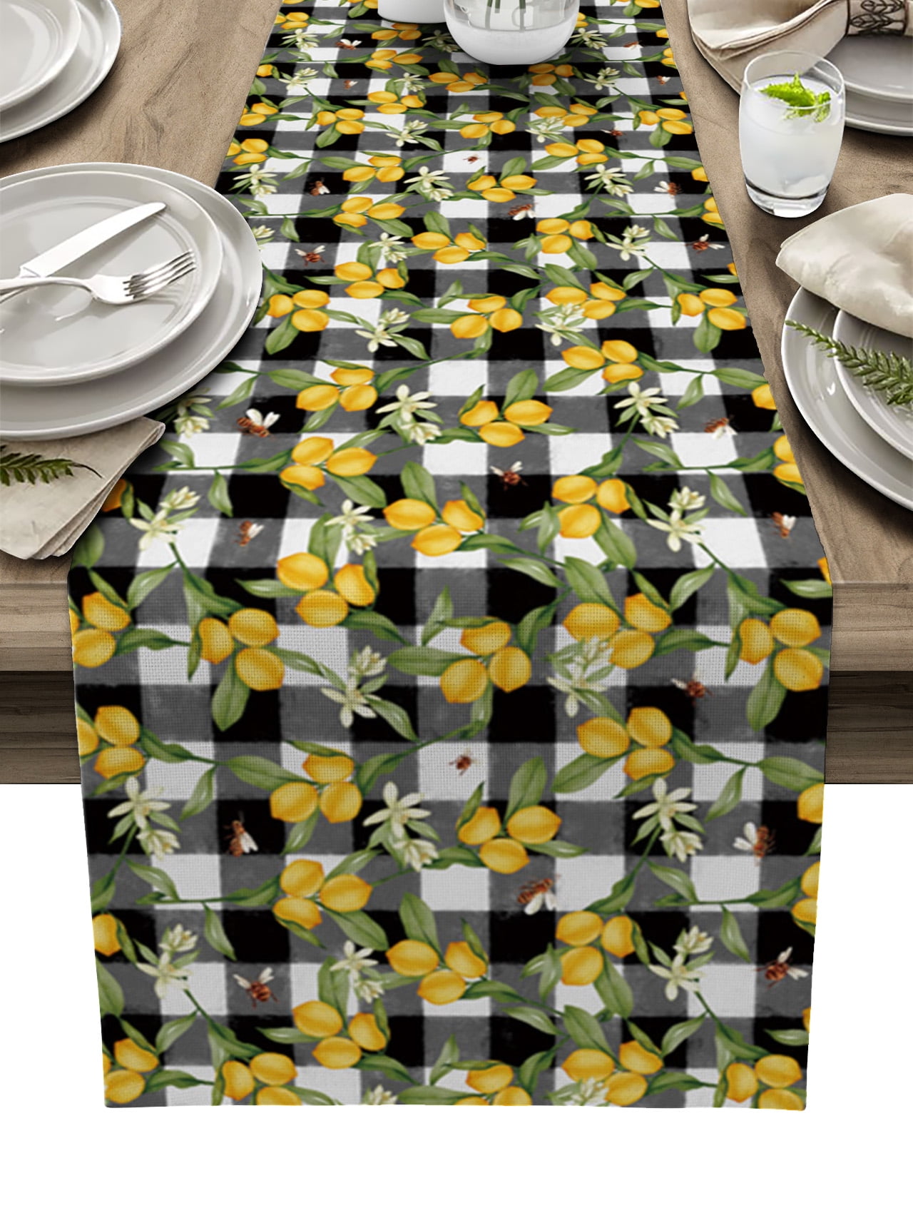 Spring Lemon Leaves Flowers White Texture Table Runner ration Home r ...