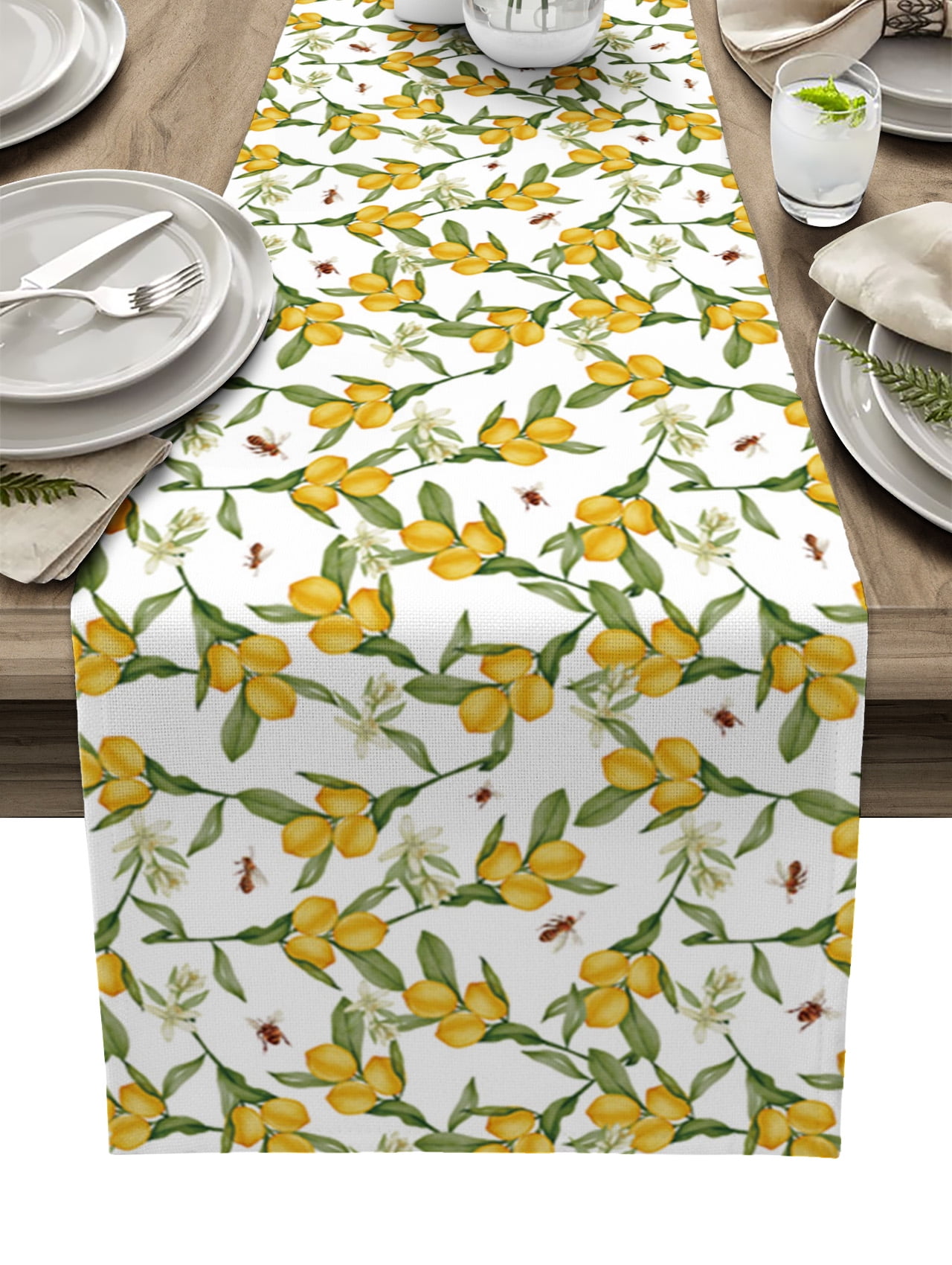 Spring Lemon Leaves Flowers White Texture Table Runner ration Home r ...