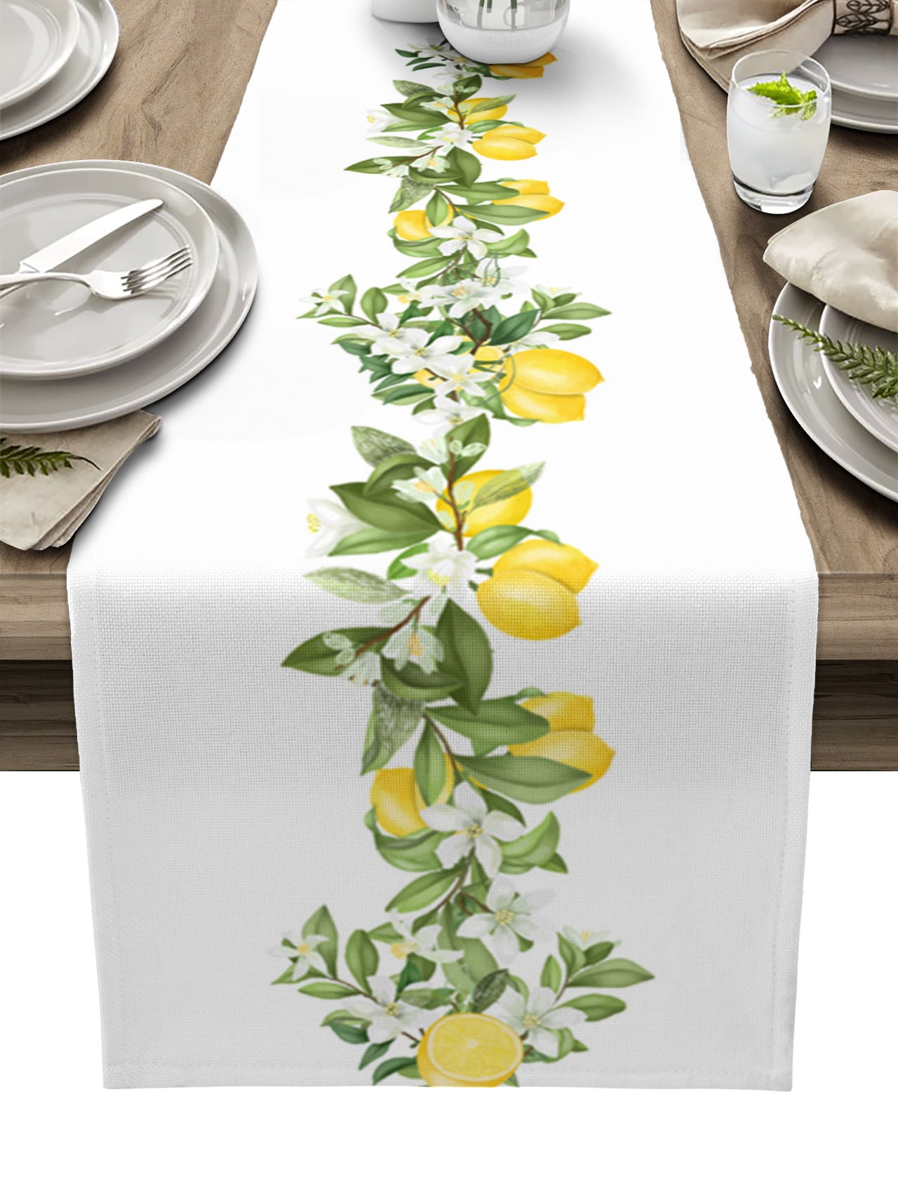 Spring Lemon Leaves Flowers White Texture Table Runner ration Home r Dinner Table ration Table r ...
