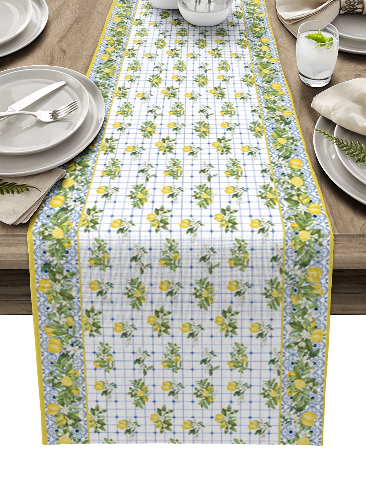 Spring Lemon Leaves Flowers White Texture Table Runner ration Home r ...