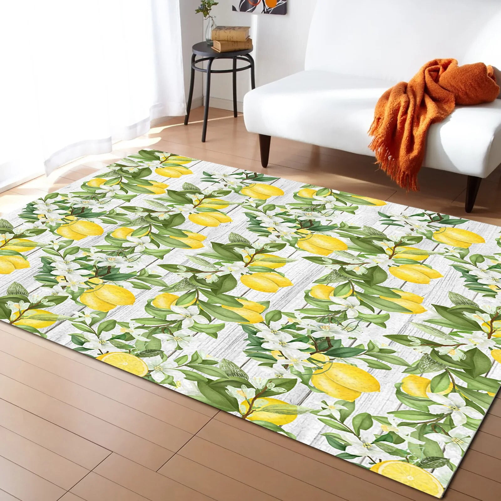 Spring Lemon Leaves Flowers White Wood Grain Living Room Floor Mat ...
