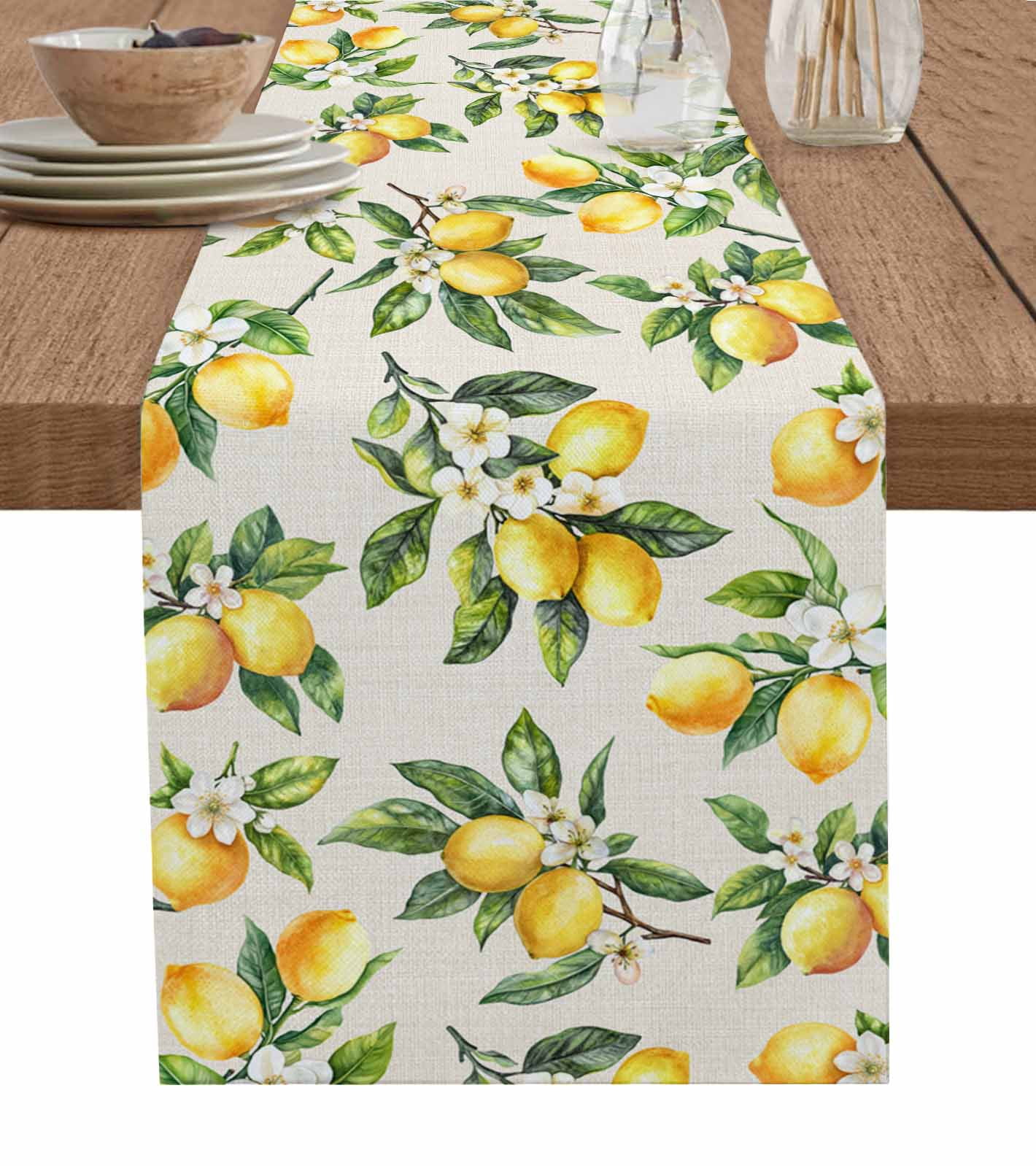 Spring Lemon Table Runner 72 Inches, Vintage Rustic Botanical Flowers ...