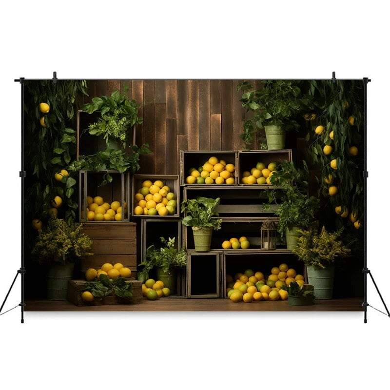 Spring Lemon Wood Wall Backdrop Photography Green Leaf Potted Plant ...