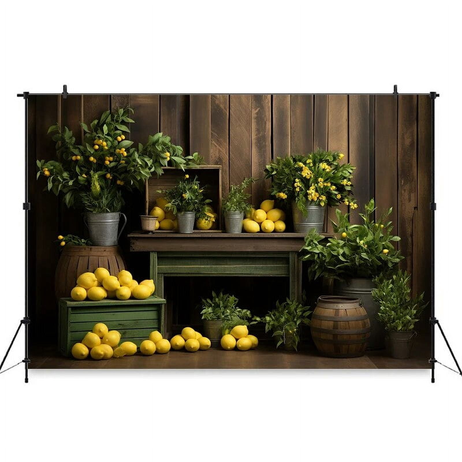 Spring Lemon Wood Wall Backdrop Photography Green Leaf Potted Plant ...