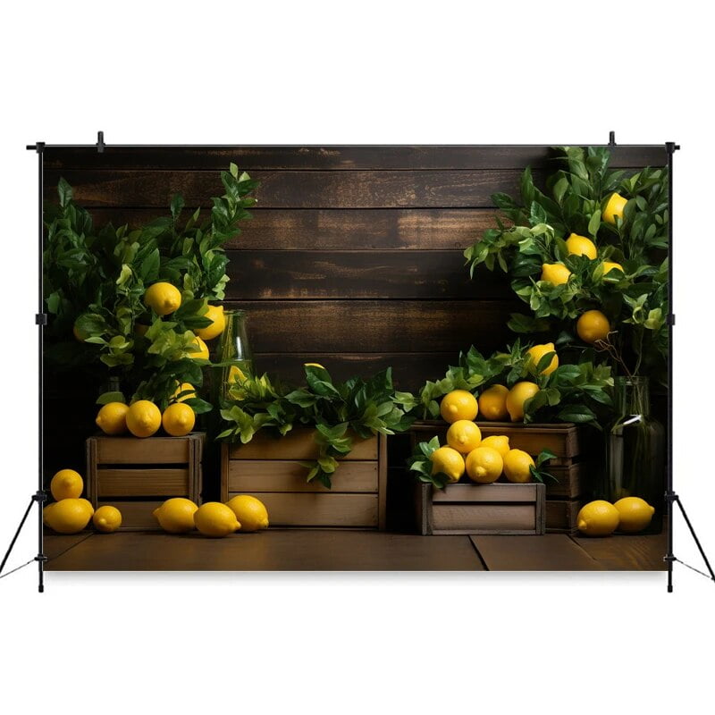 Spring Lemon Wood Wall Backdrop Photography Green Leaf Potted Plant ...