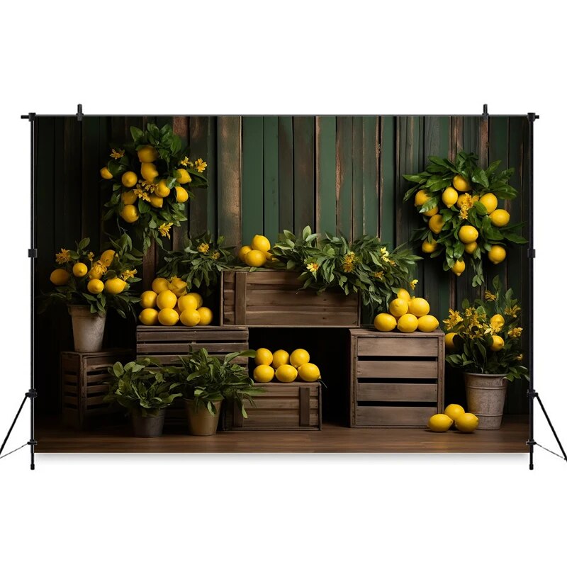 Spring Lemon Wood Wall Backdrop Photography Green Leaf Potted Plant ...