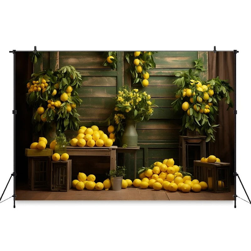 Spring Lemon Wood Wall Backdrop Photography Green Leaf Potted Plant ...