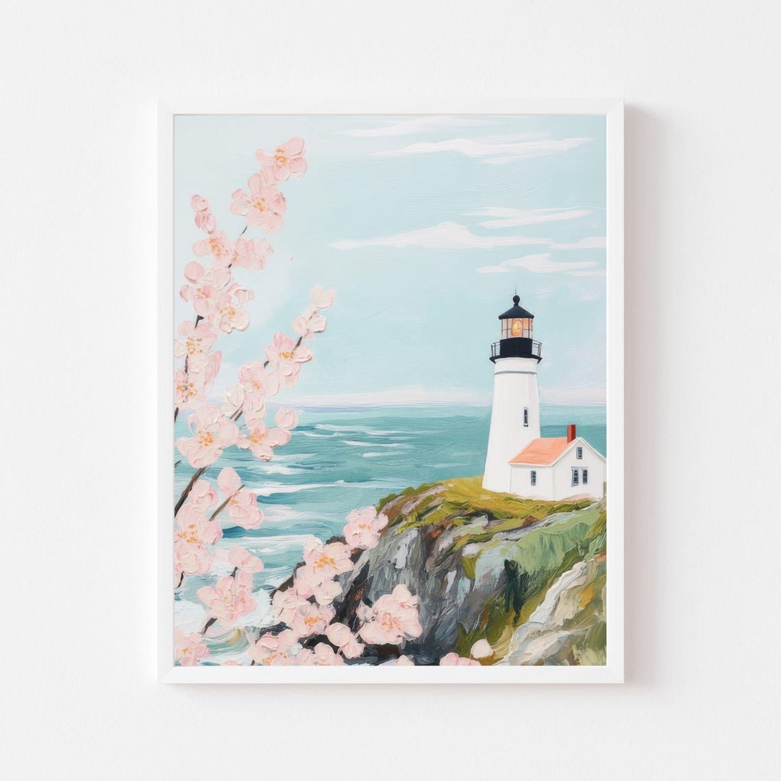 Spring Lighthouse Painting Coastal Cherry Blossom Wall Art Print Nautical Beach House Pastel ...