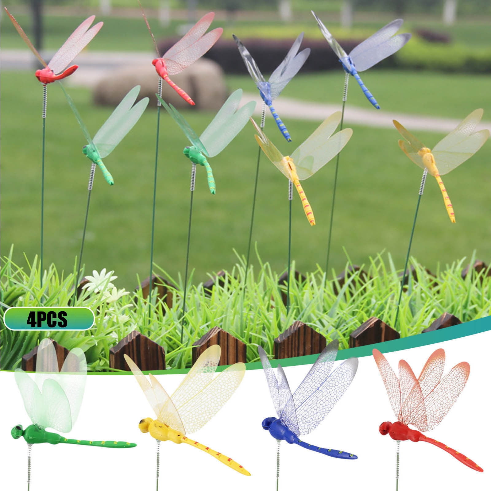 Spring-Loaded Dragonfly Garden Decor - 4-Piece Moving Outdoor/Indoor ...