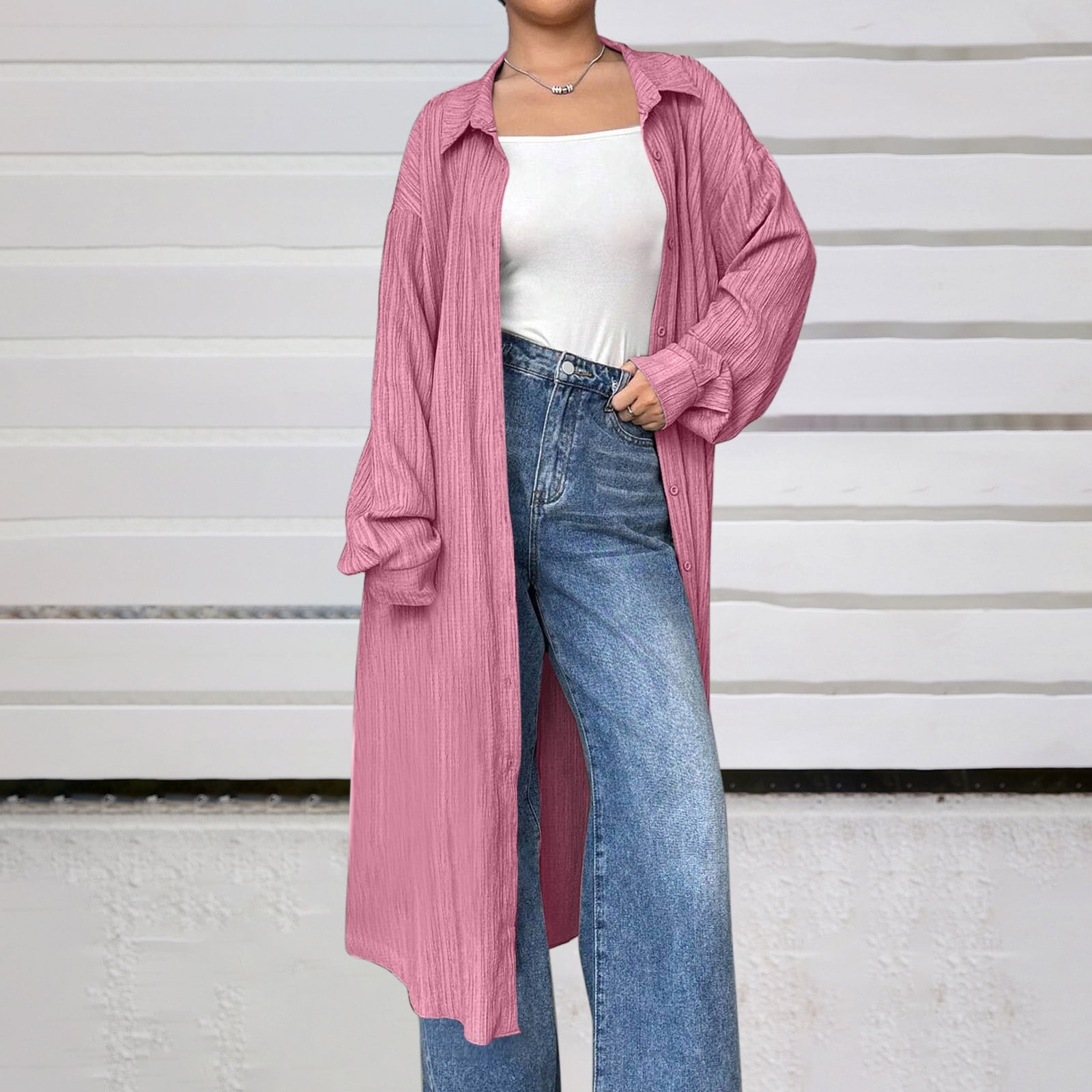 Spring Long Sleeve Casual Turned Down Collar Solid Color Loose Fit ...