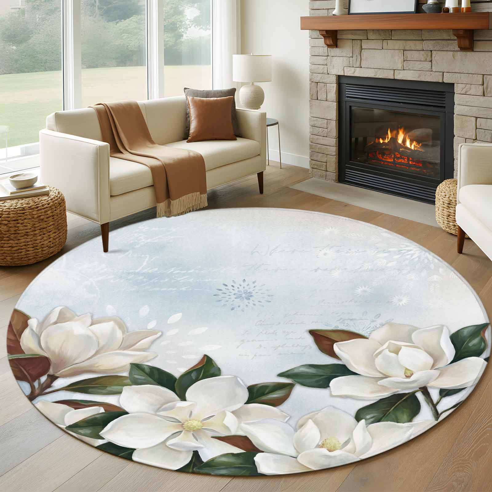 Spring Magnolia Flower Round Area Rug 6Ft Washable Circle Rugs for ...