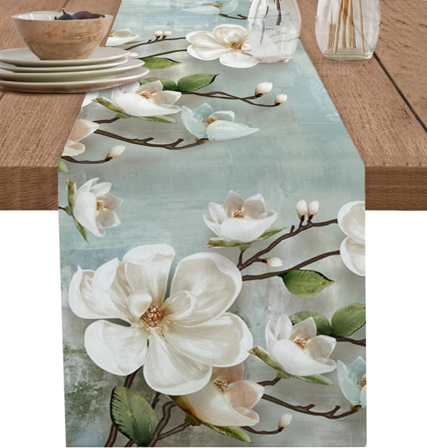 Spring Magnolia White Flower Linen Table Runners Dresser Scarf Table r ...