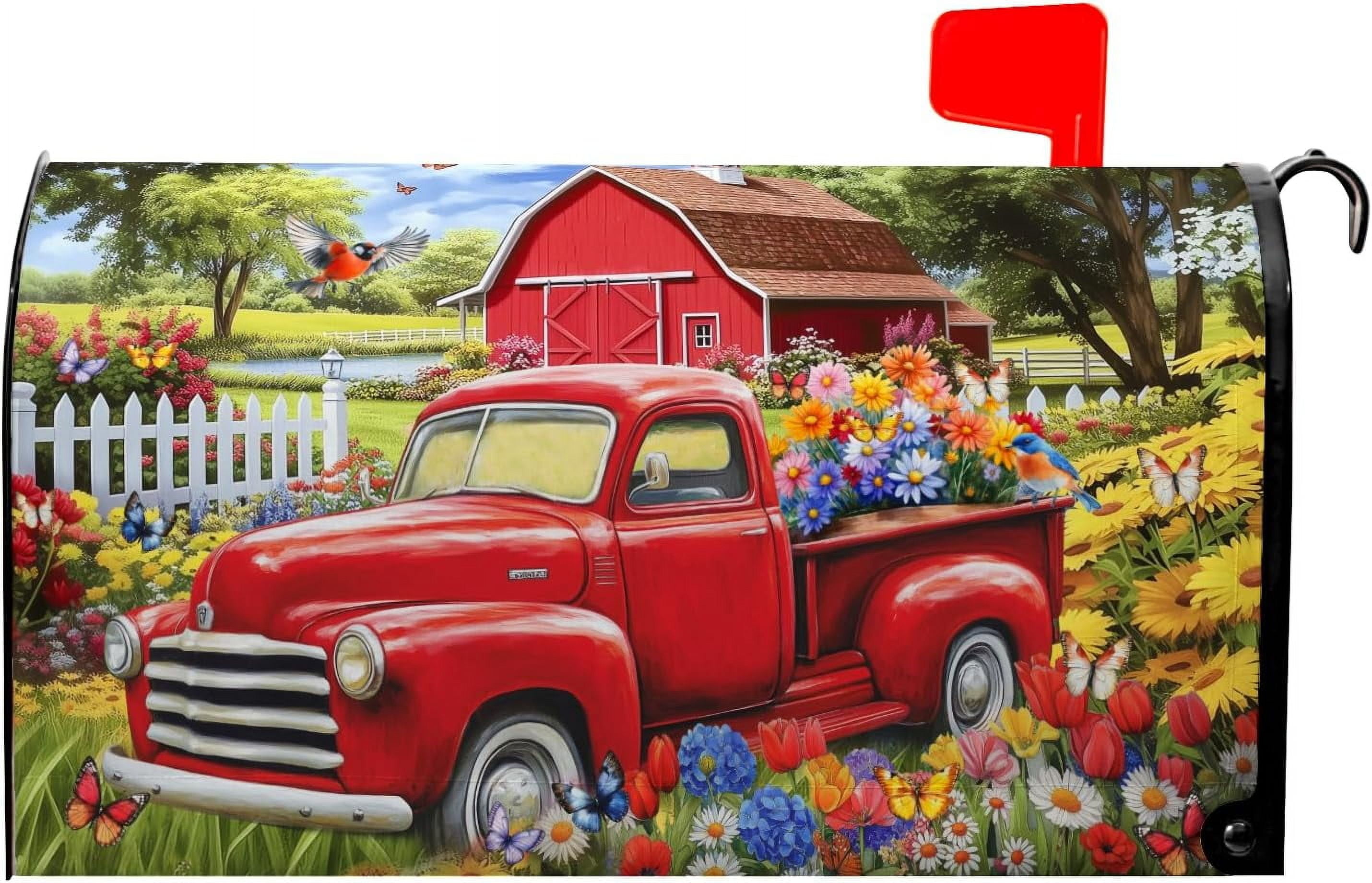 Spring Mailbox Covers Magnetic Red Truck Mailbox Cover Colorful Floral ...