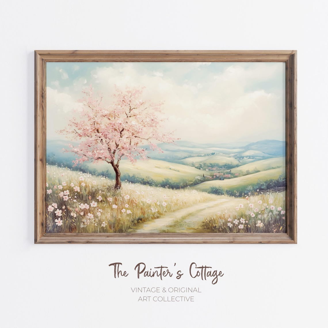 Spring Meadow, Blossom Tree Art Print, Cottagecore Landscape Wall Art ...