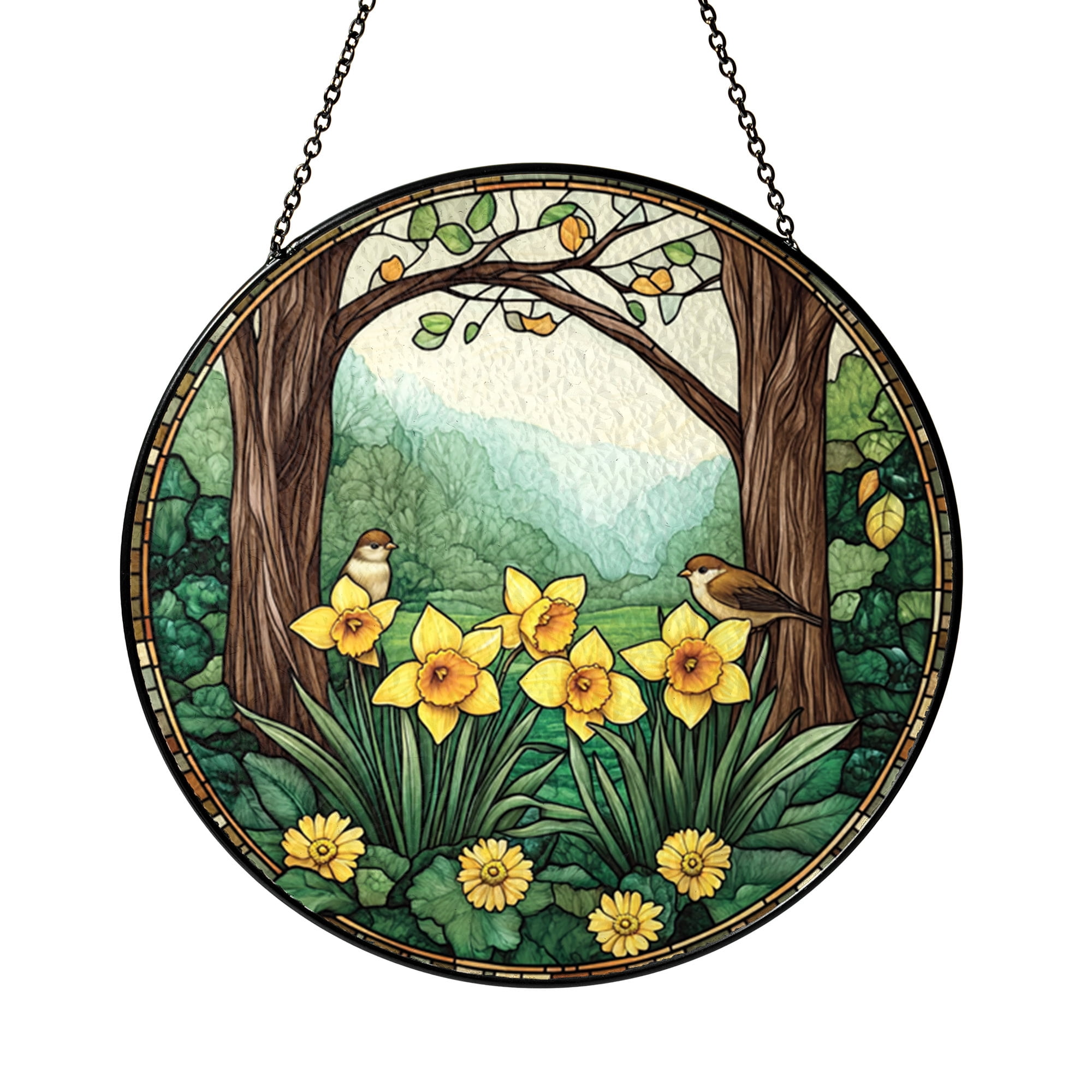 Spring Meadow Flowers and Birds Stained Glass Style Window Hanging ...