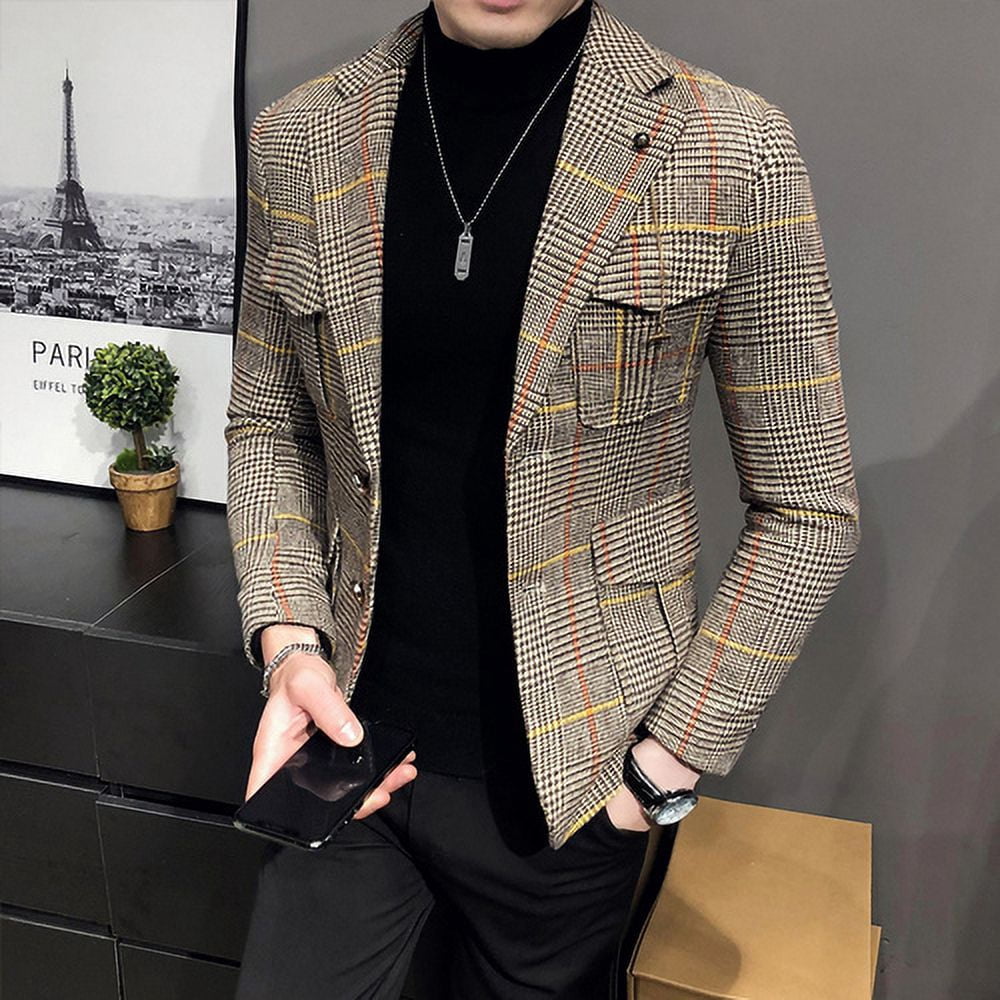 Spring Men Plaid Blazers British Printed Wedding Business Casual Blazer ...