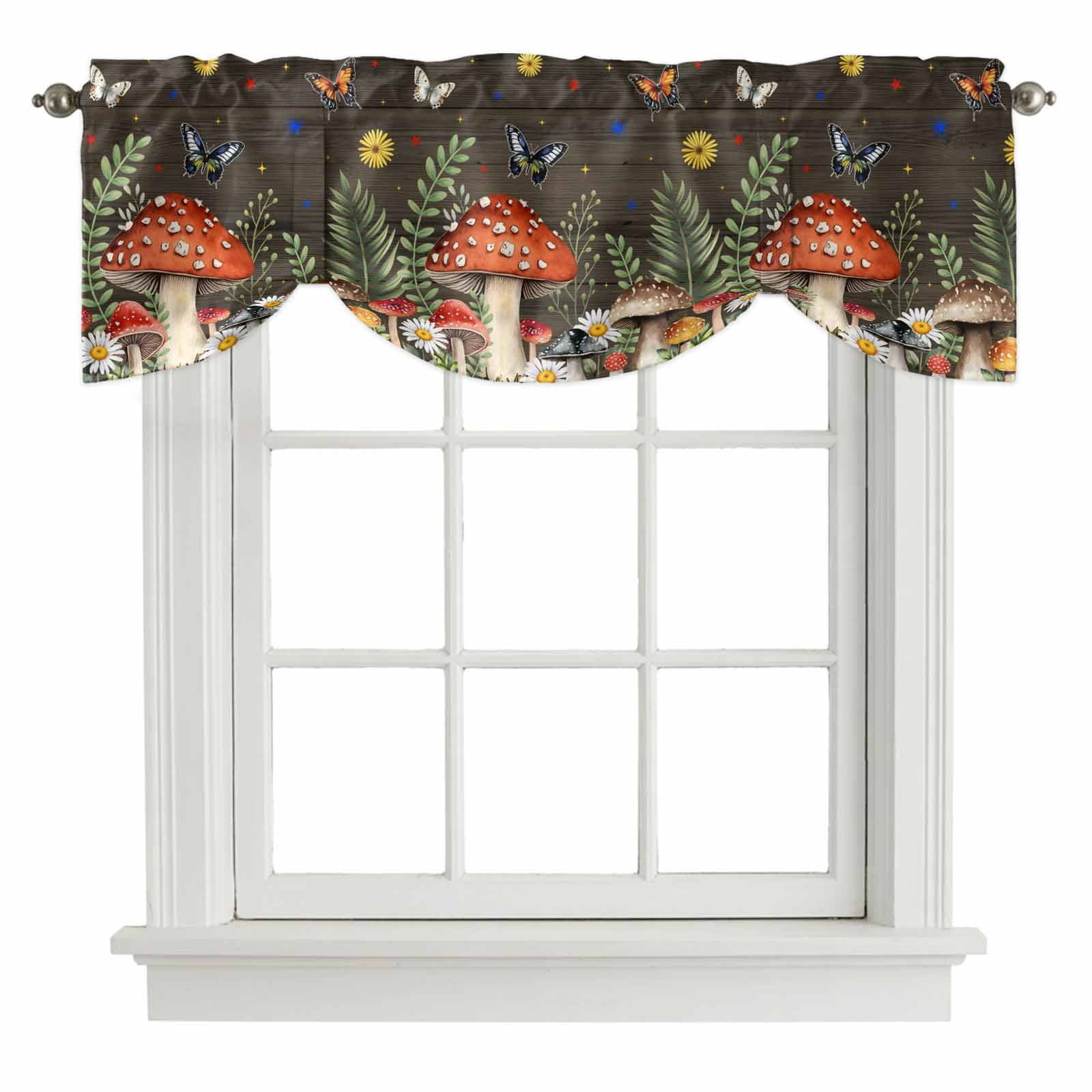 Spring Mushroom Tie Up Valance for Windows, Daisy Butterfly Leaf Walnut ...