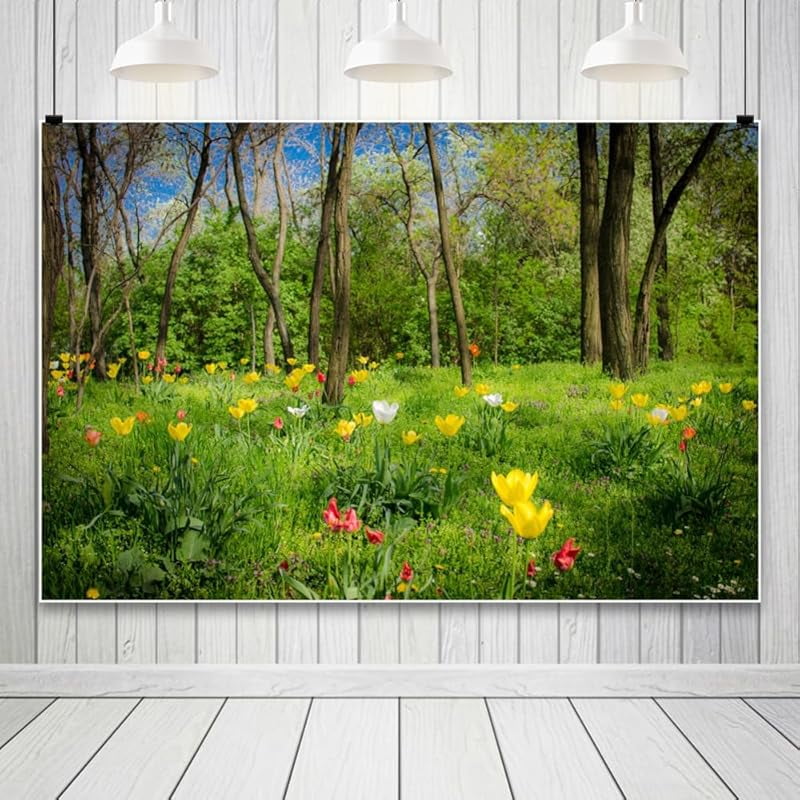 Spring Natural Scenery Backdrop Outdoor Green Grass Flowers Old Tree ...
