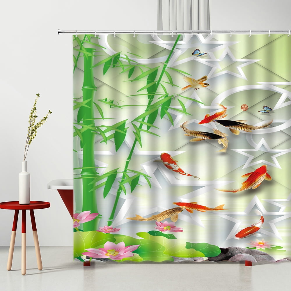 Spring Natural Scenery Bath Curtain Flowers Bamboo Waterfall Multiple ...
