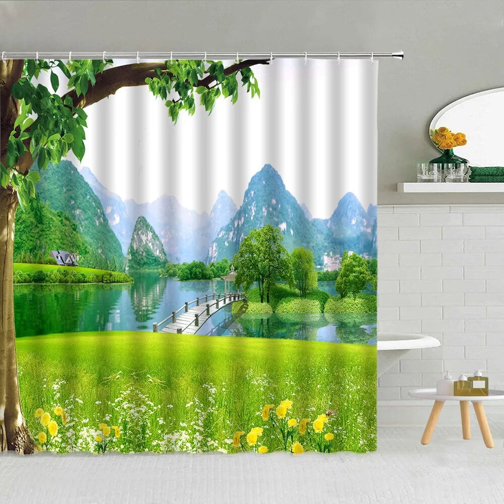 Spring Natural Scenery Shower Curtain Mountain Lake Green Plant Bamboo ...