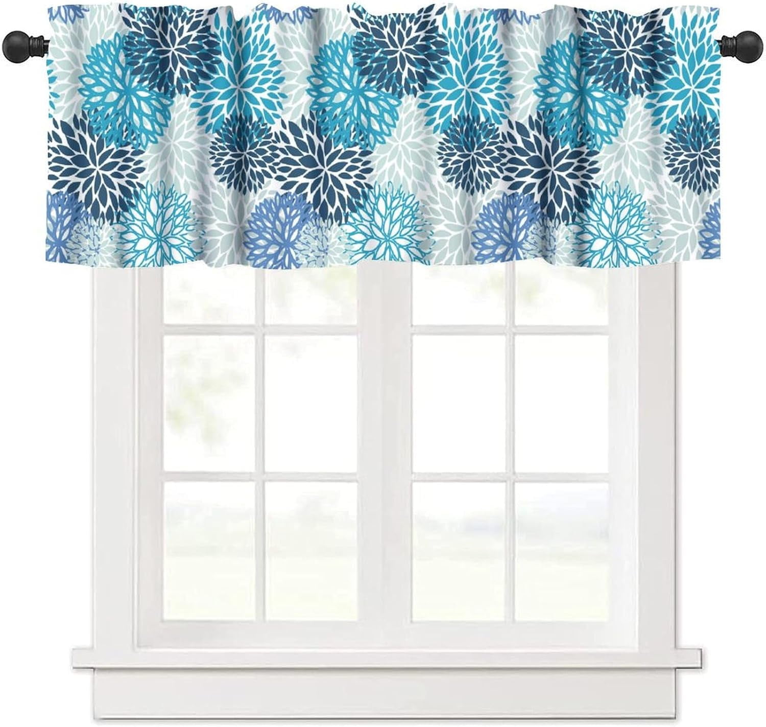 Spring Navy Flower Valance, Blue Boho Chrysanthemum Flowers Colorful ...