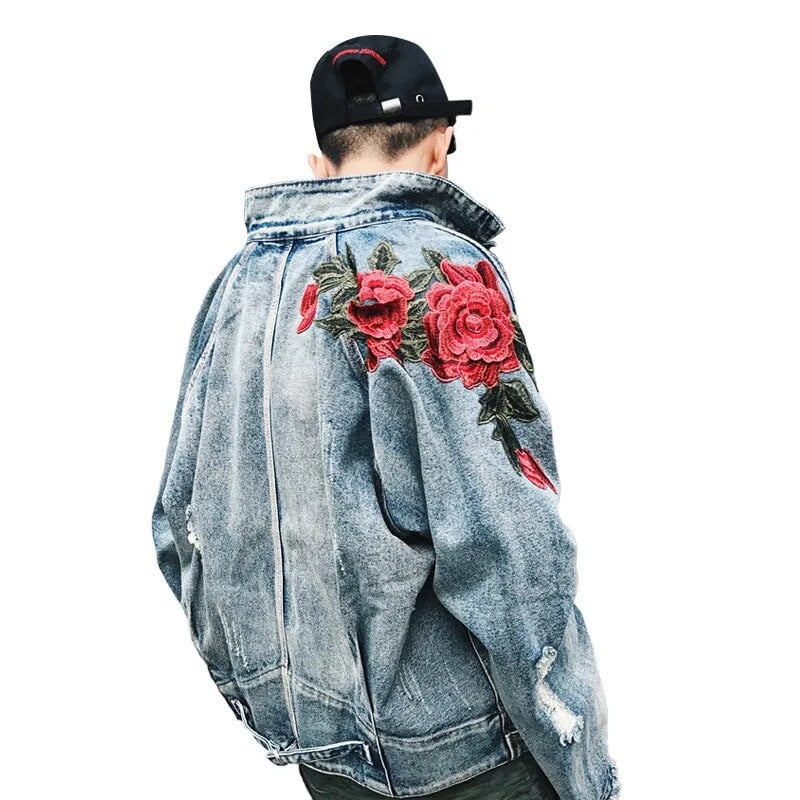 Spring New Men's Clothing Denim Jacket 3D Rose Flower Embroidery ...