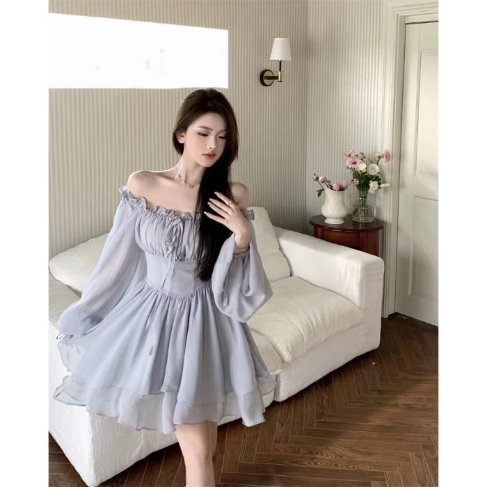 Spring New elegant fog gray chiffon puff sleeve off-shoulder dress ...