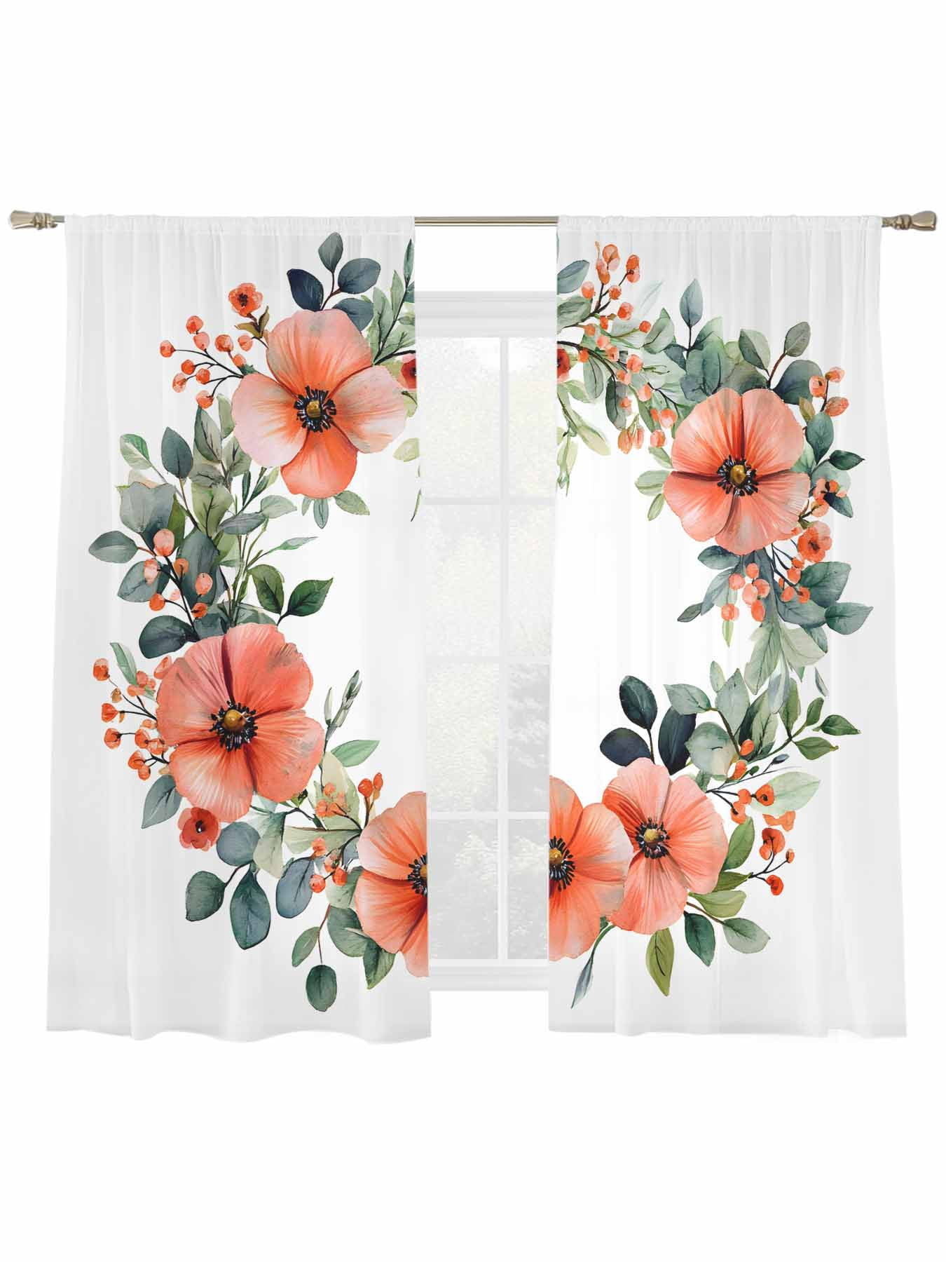 Spring Orange Flower Wreath Sheer Curtains 2 Panels Set Country ...