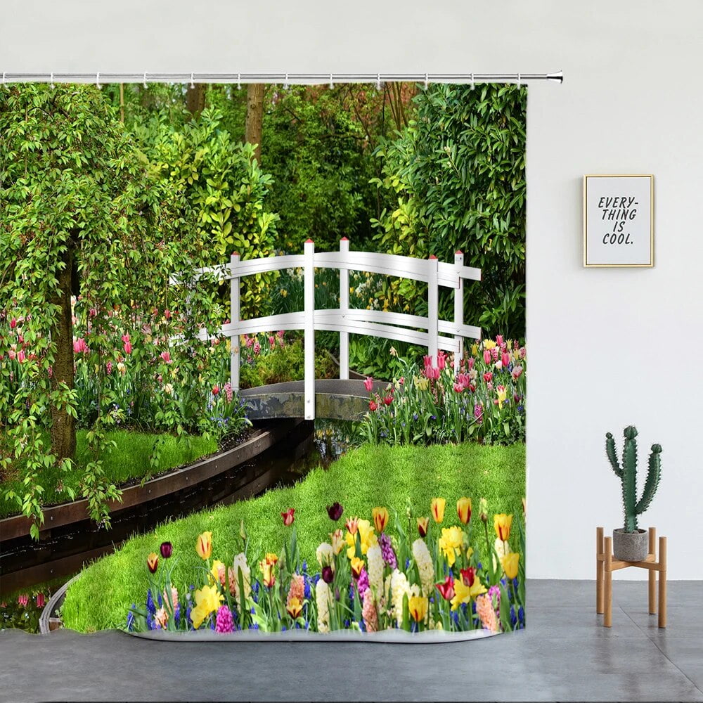 Spring Park Landscape Shower Curtain Grass Green Plants Red Flowers ...