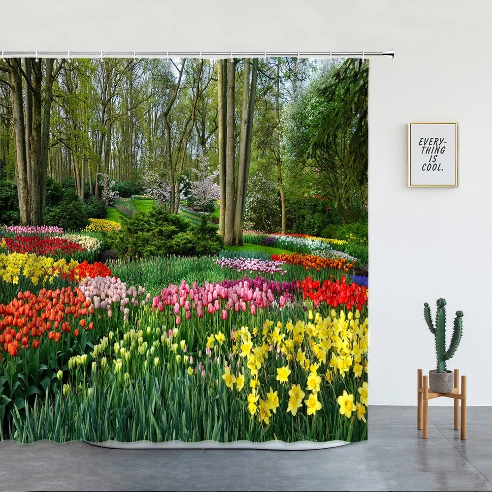 Spring Park Landscape Shower Curtain Grass Green Plants Red Flowers ...