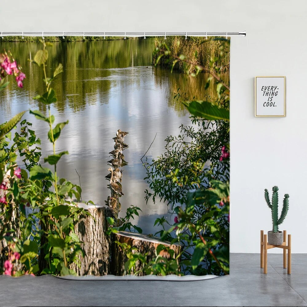 Spring Park Landscape Shower Curtain Grass Green Plants Red Flowers ...