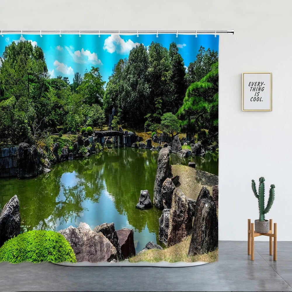 Spring Park Landscape Shower Curtain Grass Green Plants Red Flowers ...