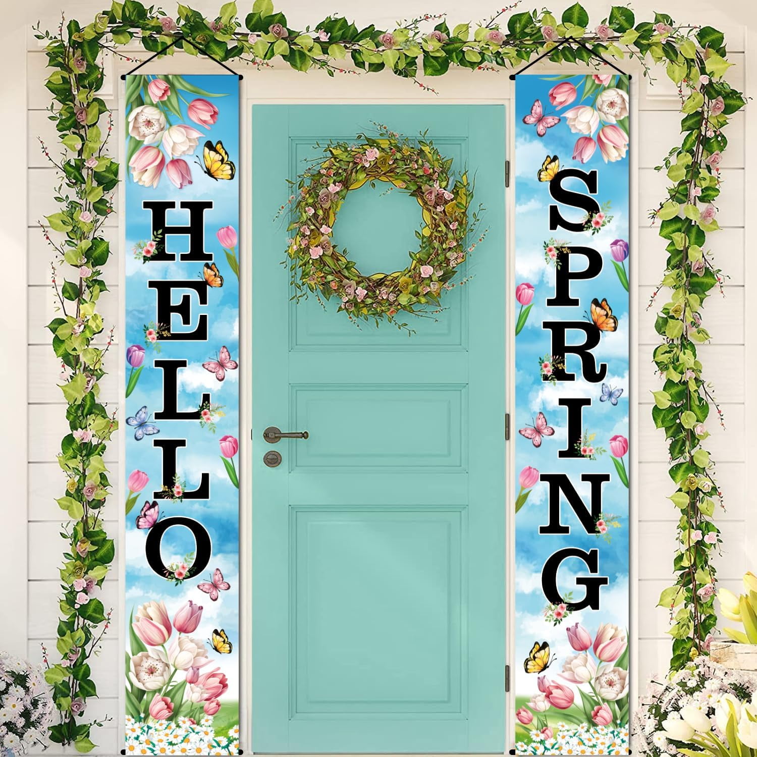 Spring Party Decorations Porch Sign Banner, 12x71inch Spring Door ...