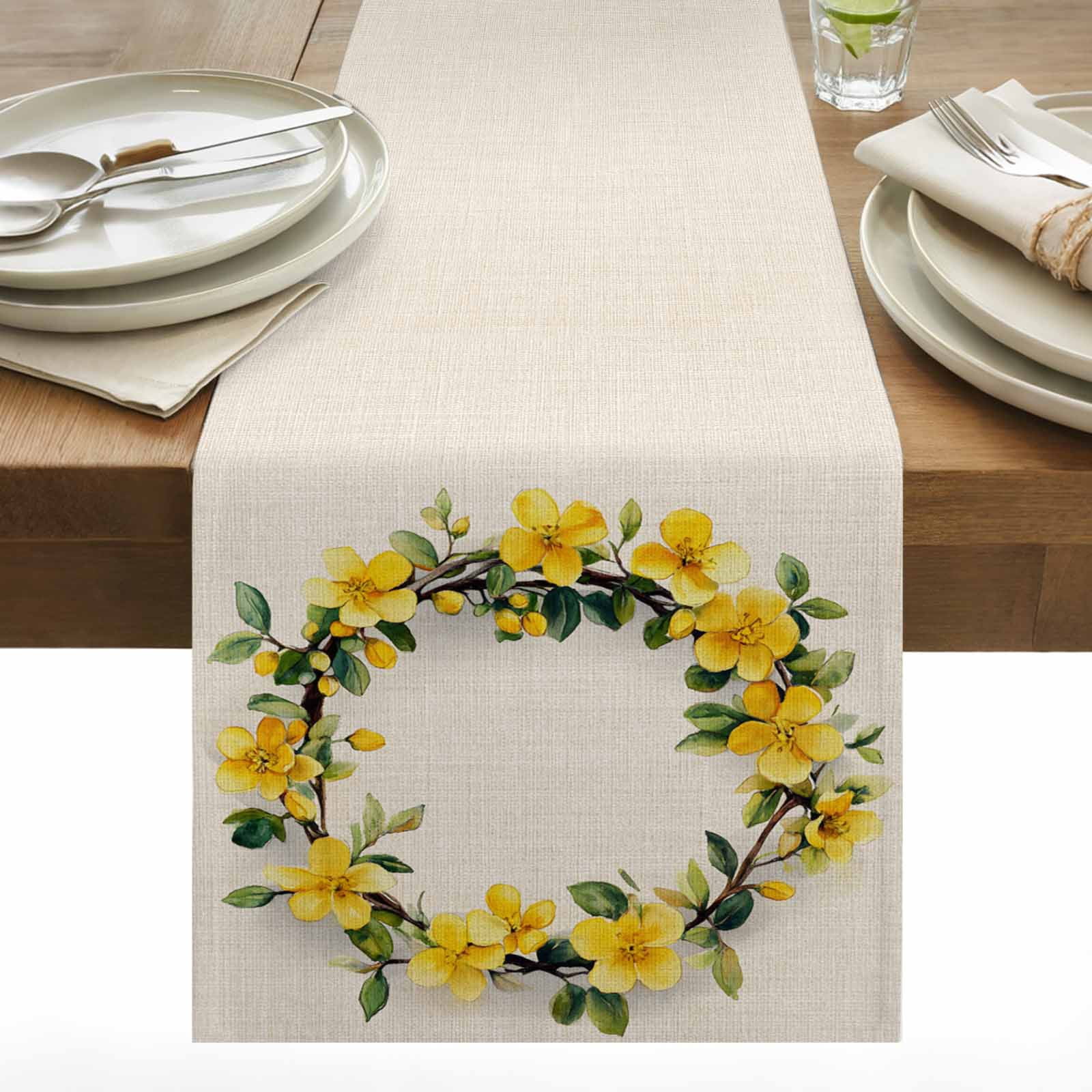 Spring Pastoral Cotton Linen Table Runner Yellow Circle Flower Linen ...