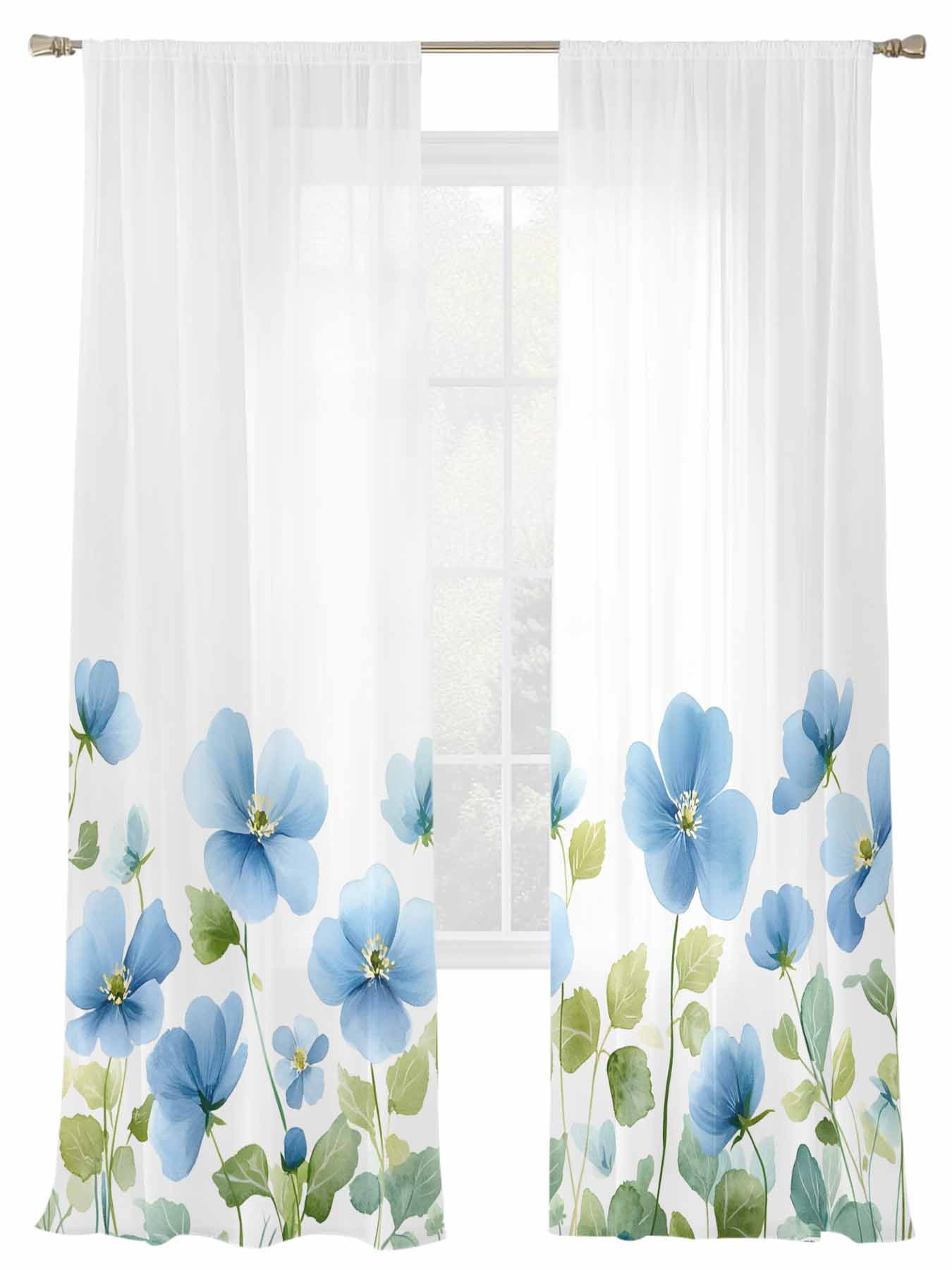 Spring Pastoral Floral Sheer Curtains 2 Panels Set Watercolor Blue ...