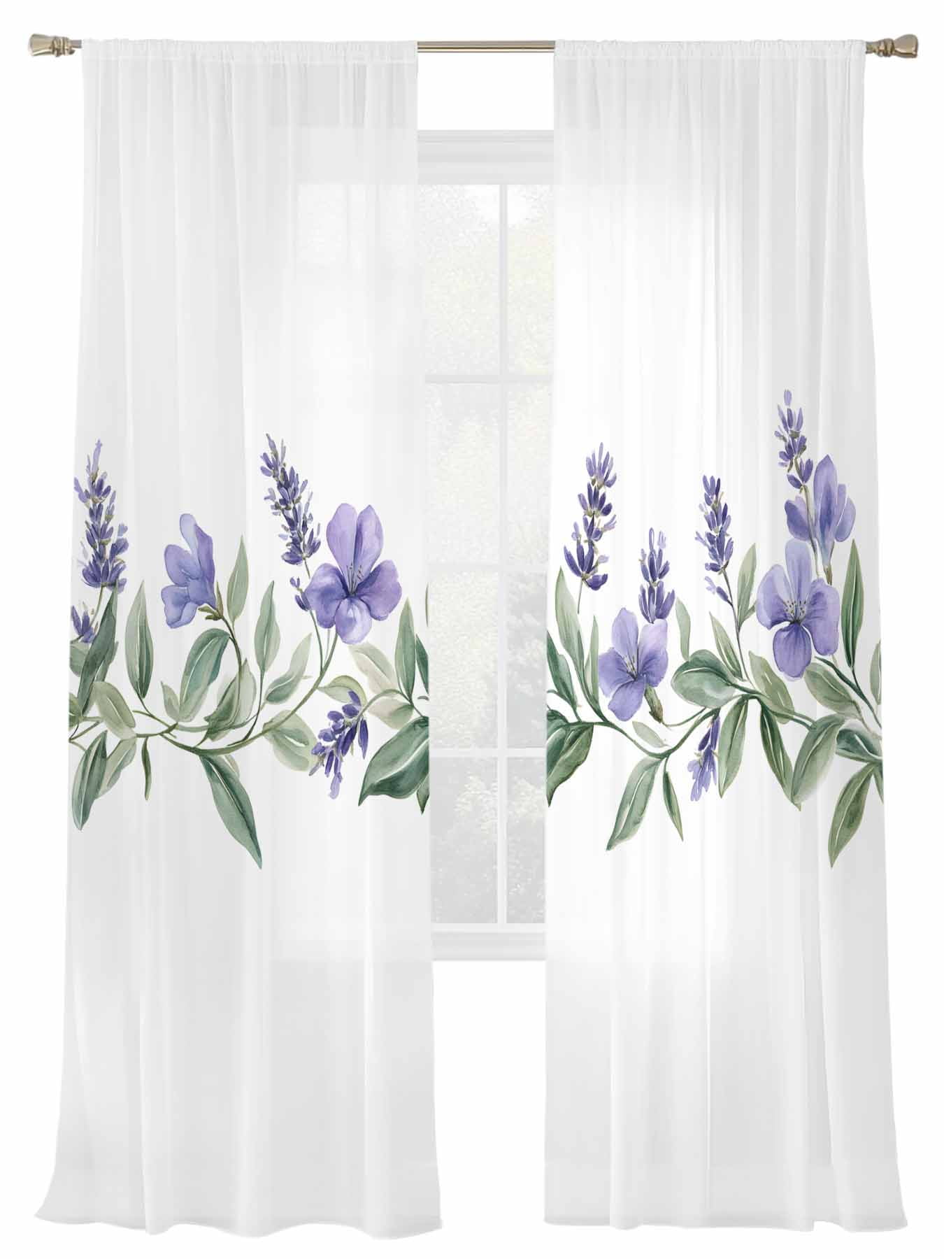 Spring Pastoral Floral Sheer Curtains 2 Panels Set Watercolor Purple ...