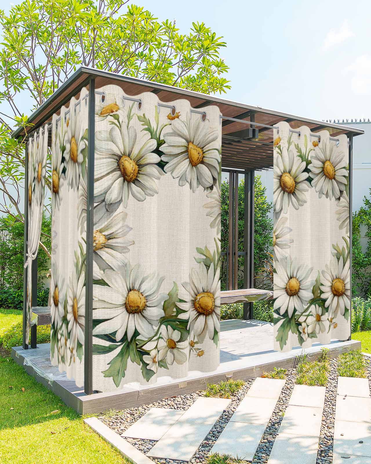 Spring Pastoral Outdoor Curtains for Patio, White Circle Flower Linen ...