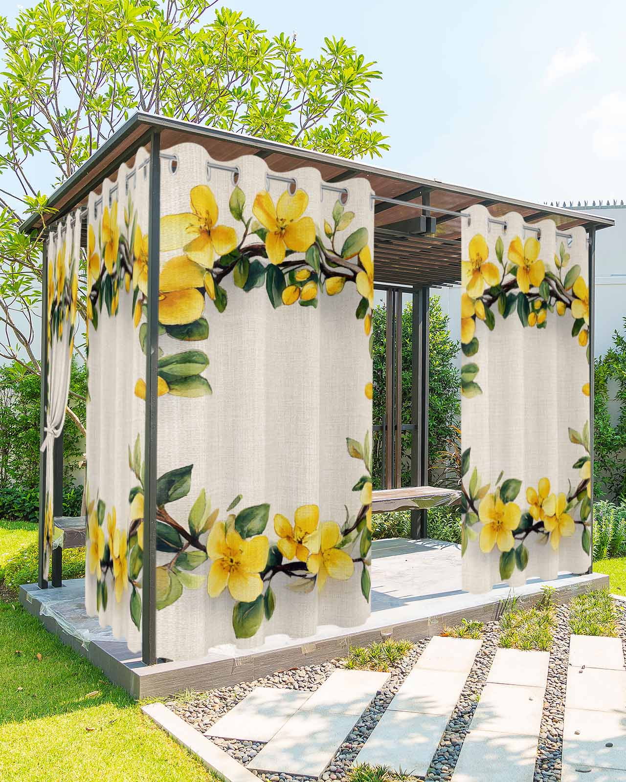 Spring Pastoral Outdoor Curtains for Patio, Yellow Circle Flower Linen ...