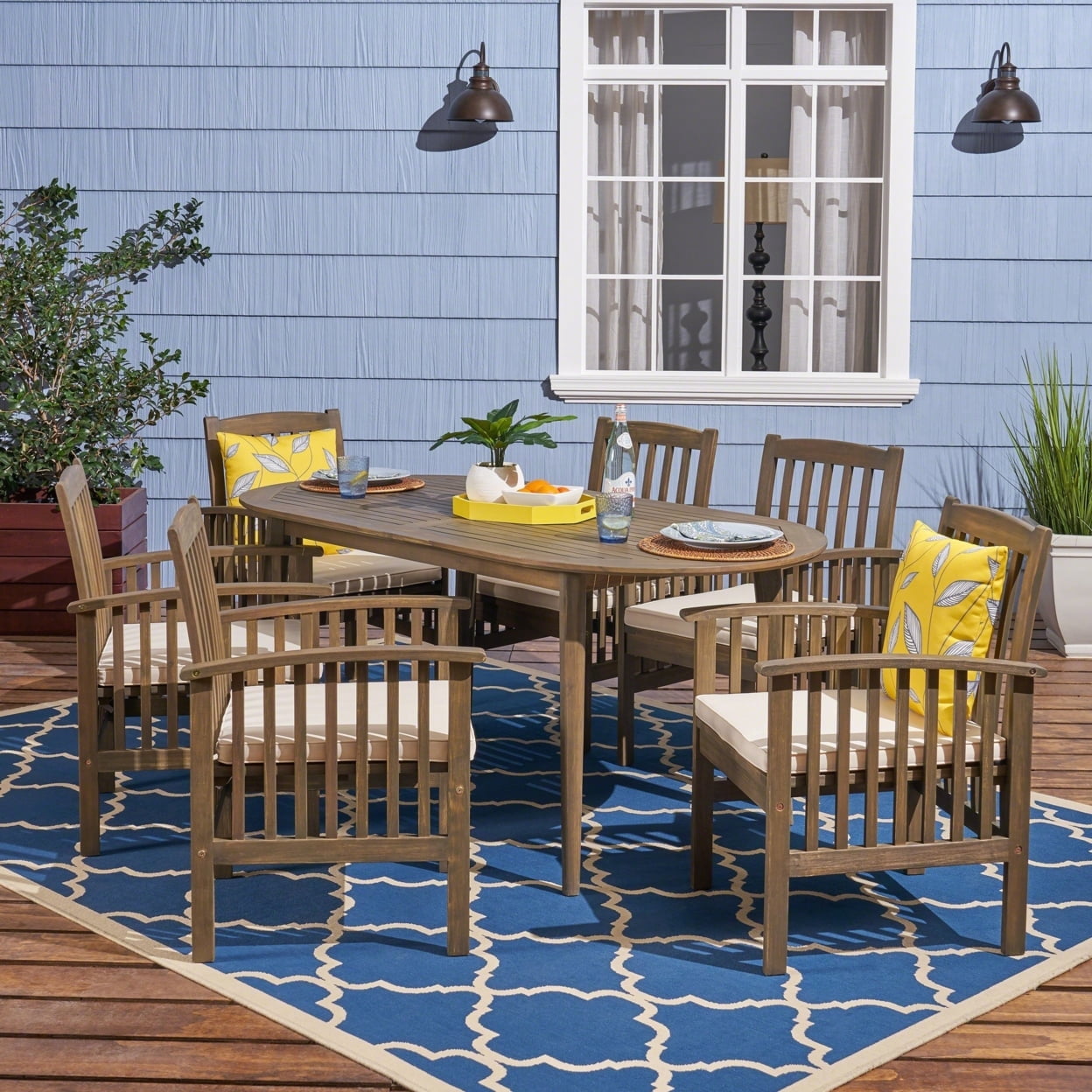 Spring Patio 6-Seater Acacia Wood Dining Set with 71" Oval Table ...